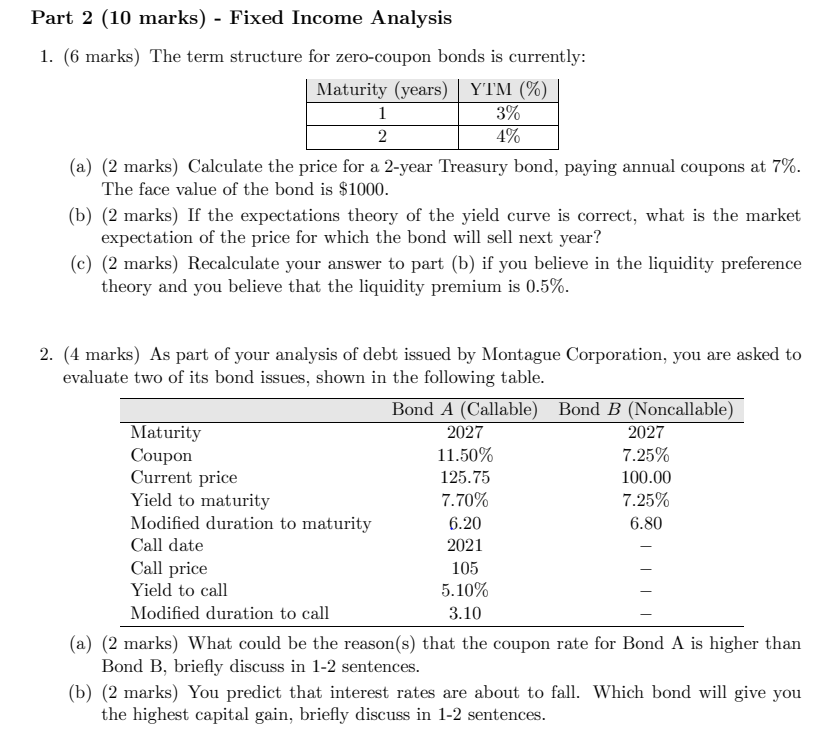 Solved Part 2 (10 marks) - Fixed Income Analysis 1. (6 | Chegg.com