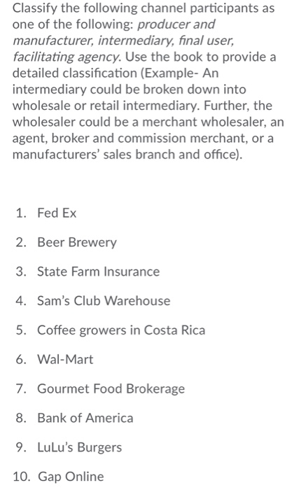 Solved Classify the following channel participants as one of | Chegg.com