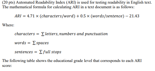 (20 pts) Automated Readability Index (ARI) is used | Chegg.com