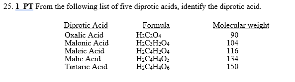 Solved 25. 1 PT From the following list of five diprotic | Chegg.com