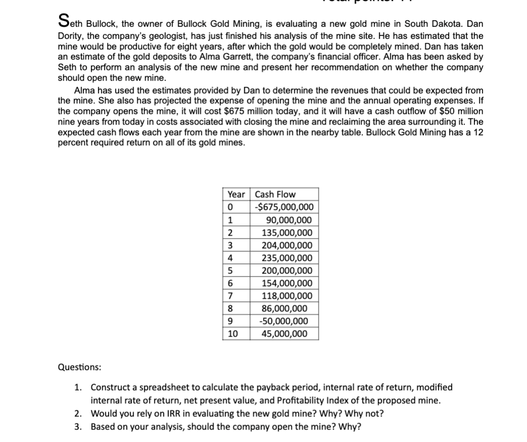 Solved Seth Bullock, the owner of Bullock Gold Mining, is | Chegg.com