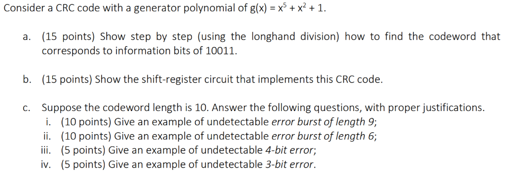 Consider a CRC code with a generator polynomial of | Chegg.com