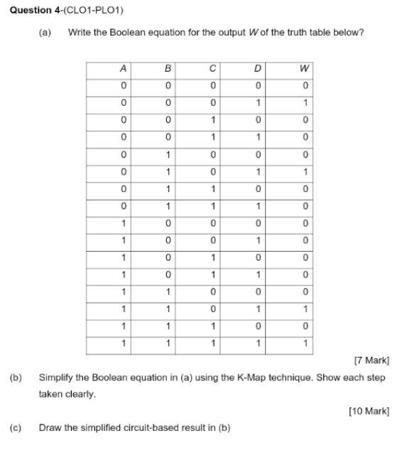 Solved Question 4-(CLO1-PLO1) (a) Write the Boolean equation | Chegg.com