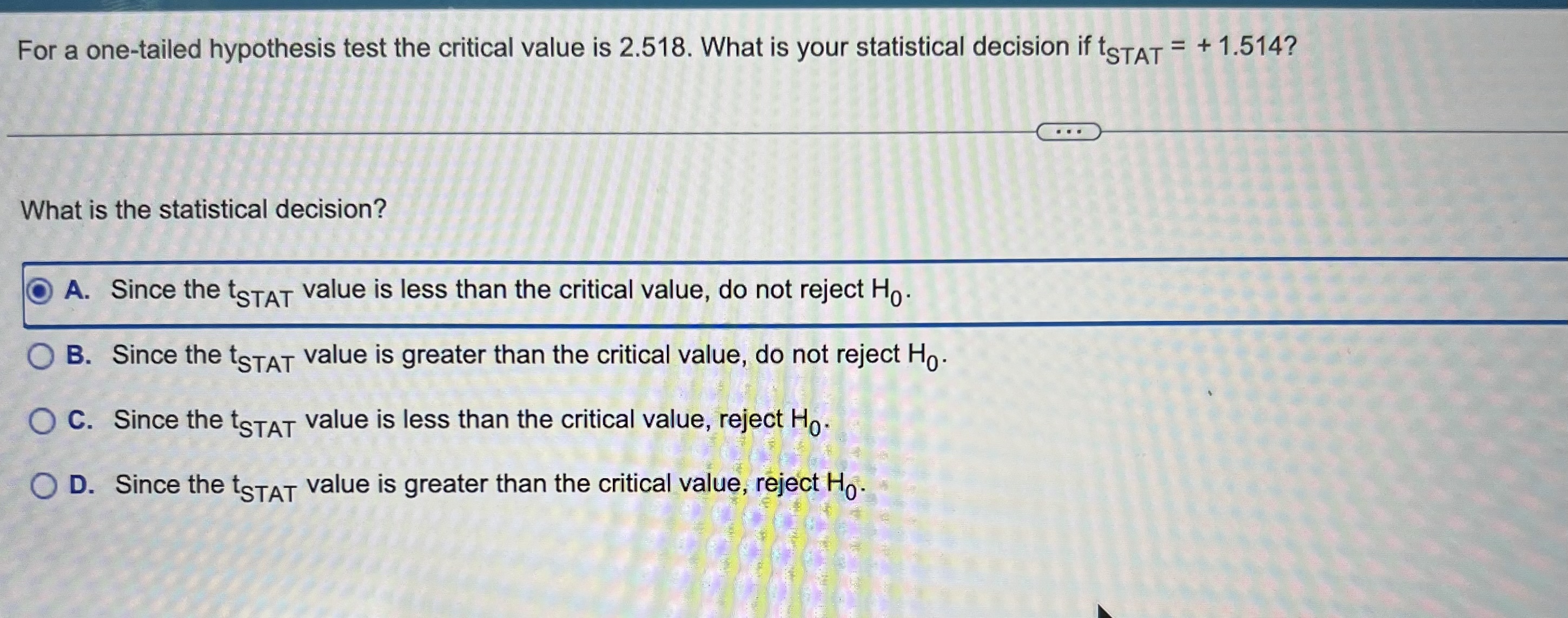 Solved For A One Tailed Hypothesis Test The Critical Value 0096
