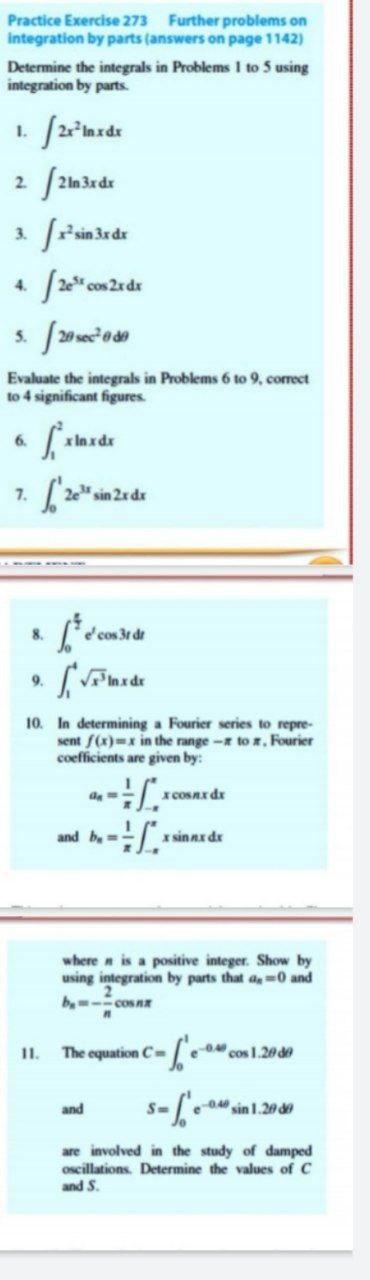 Solved Practice Exercise 273 Further problems on integration | Chegg.com
