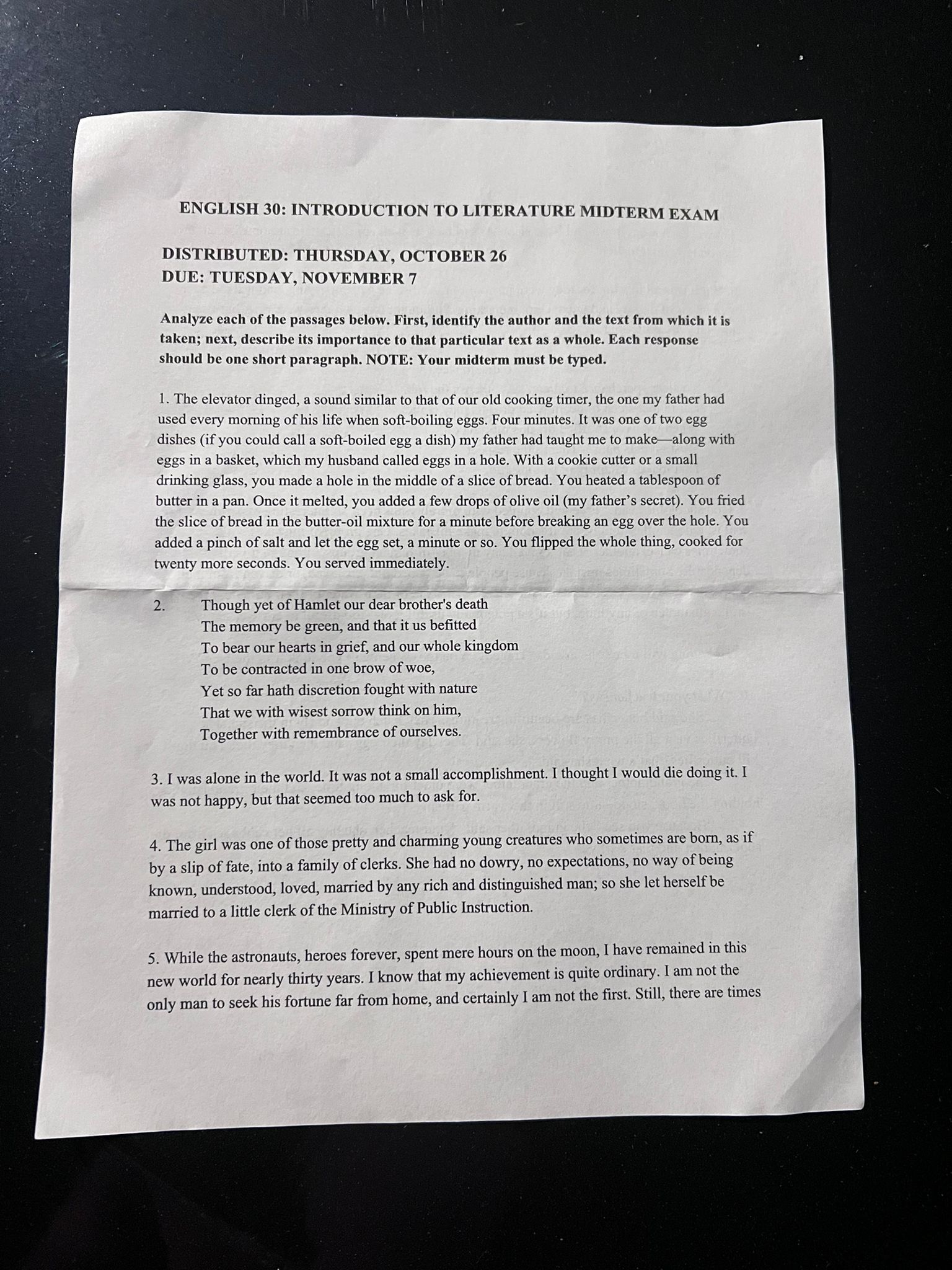 ENGLISH 30: INTRODUCTION TO LITERATURE MIDTERM EXAM | Chegg.com