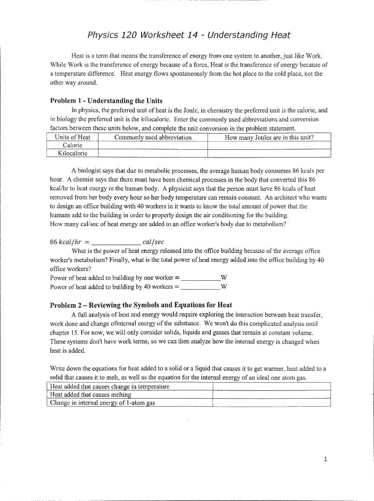 Solved Physics 120 Worksheet 14 - Understanding Heat Heat is | Chegg.com