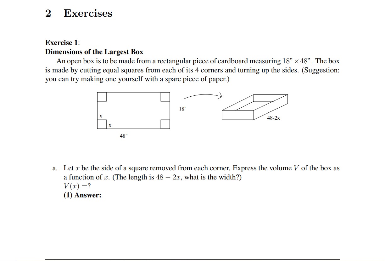Solved 2 Exercises Exercise 1: Dimensions of the Largest Box | Chegg.com