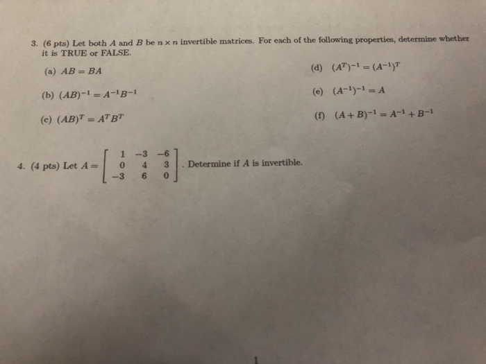 Solved 3. (6 pts) Let both A and B be n x n invertible | Chegg.com