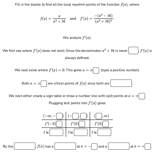 Solved Fill in the blanks to find all the local max/min | Chegg.com
