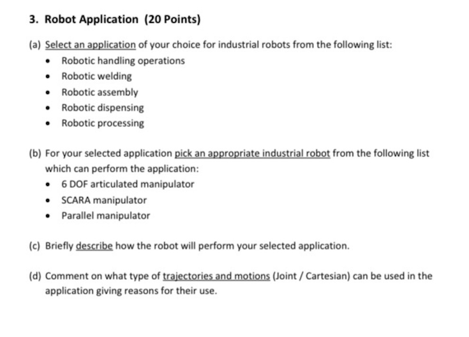 Solved 3. Robot Application (20 Points) (a) Select an | Chegg.com