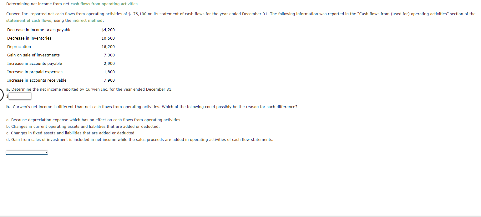 Solved Determining net income from net cash flows from | Chegg.com
