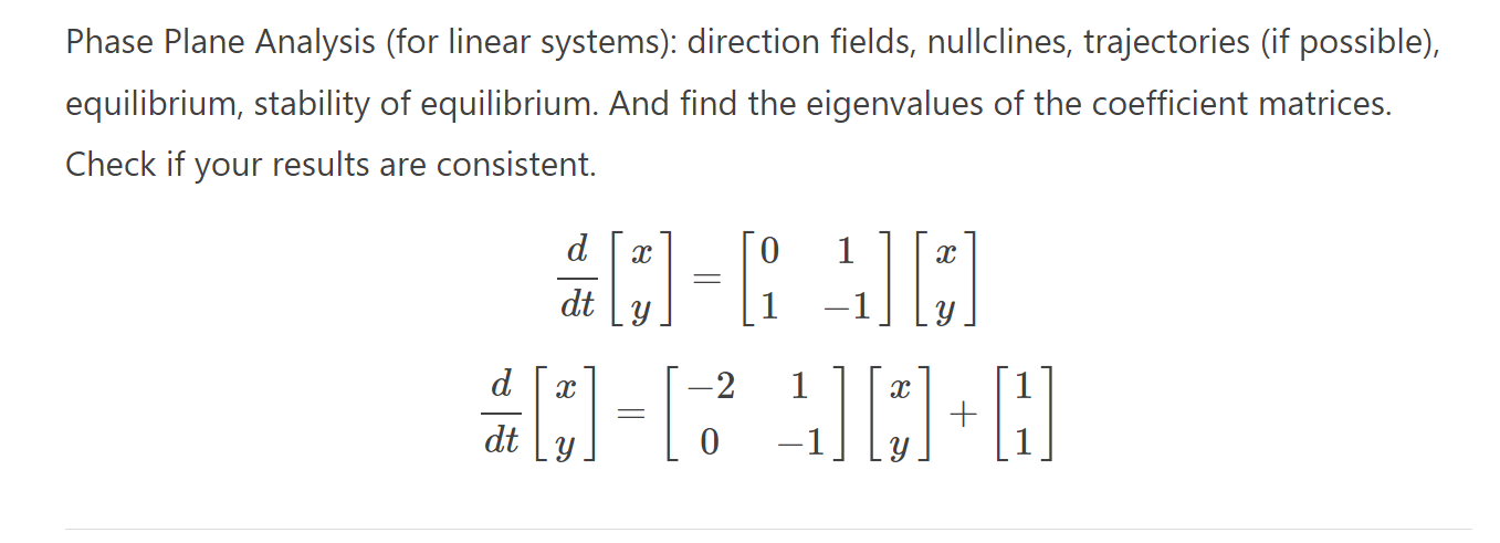 Solved Phase Plane Analysis (for linear systems): direction | Chegg.com