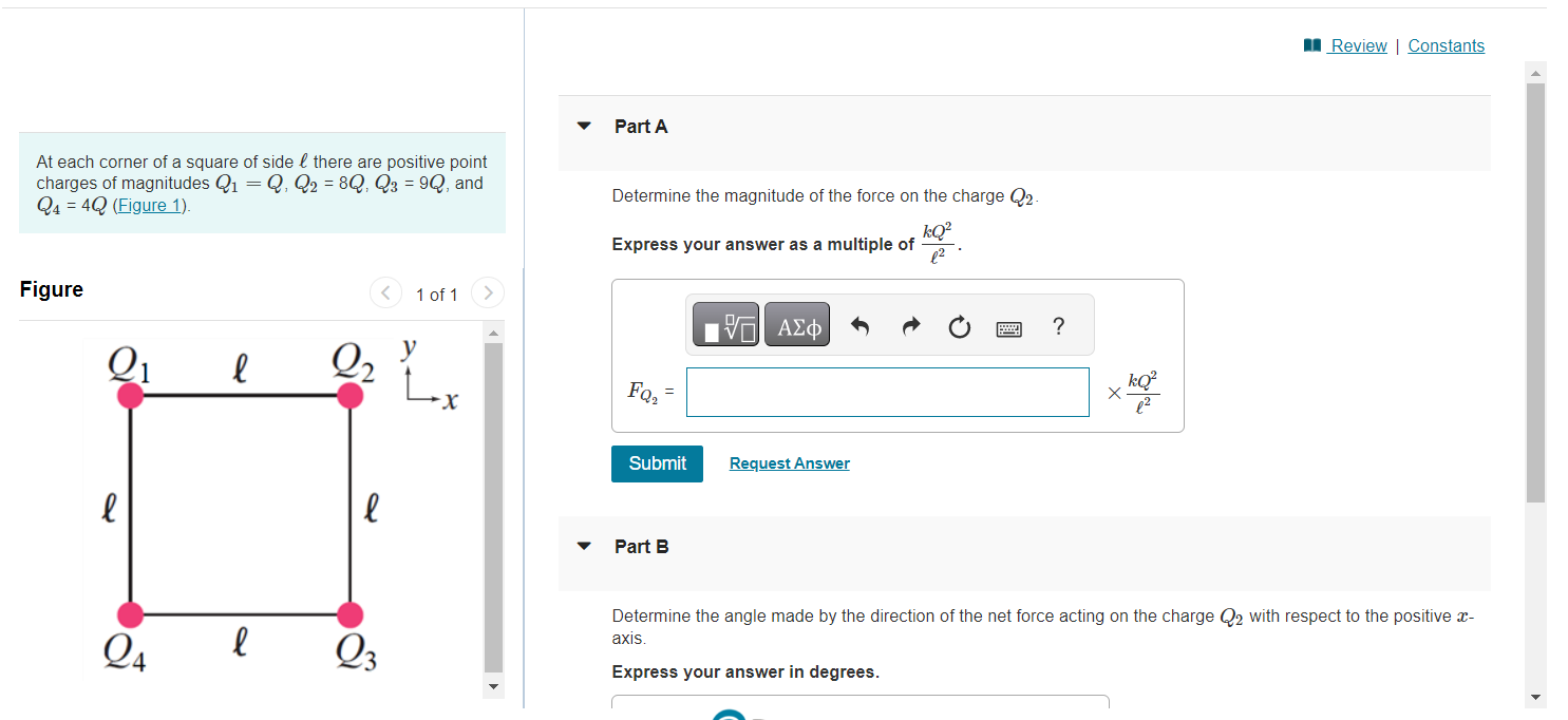 Solved At each corner of a square of side ℓ there are | Chegg.com