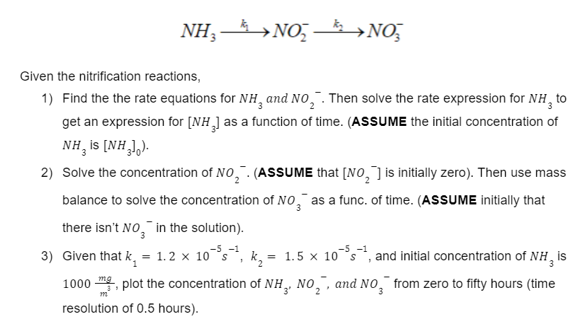 Solved NH3 k1NO2− k2NO3− Given the nitrification reactions, | Chegg.com