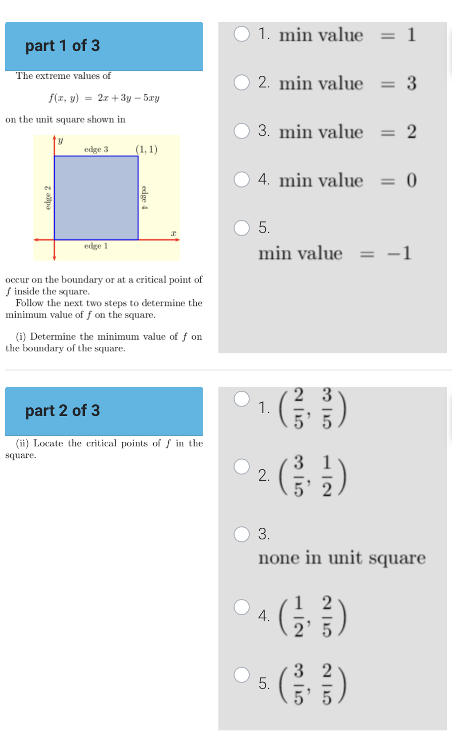 Solved part 1 of 3 The extreme values of f(x,y)=2x+3y−5xy on | Chegg.com