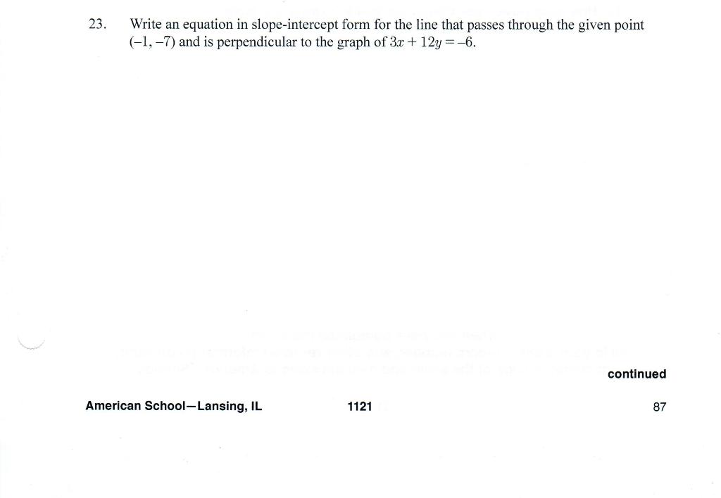 Solved 23. Write an equation in slope-intercept form for the | Chegg.com