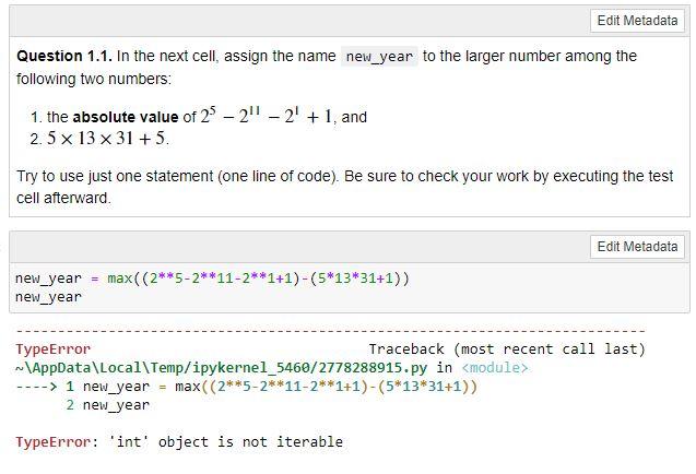 Solved Edit Metadata Question 1.1. In the next cell, assign | Chegg.com