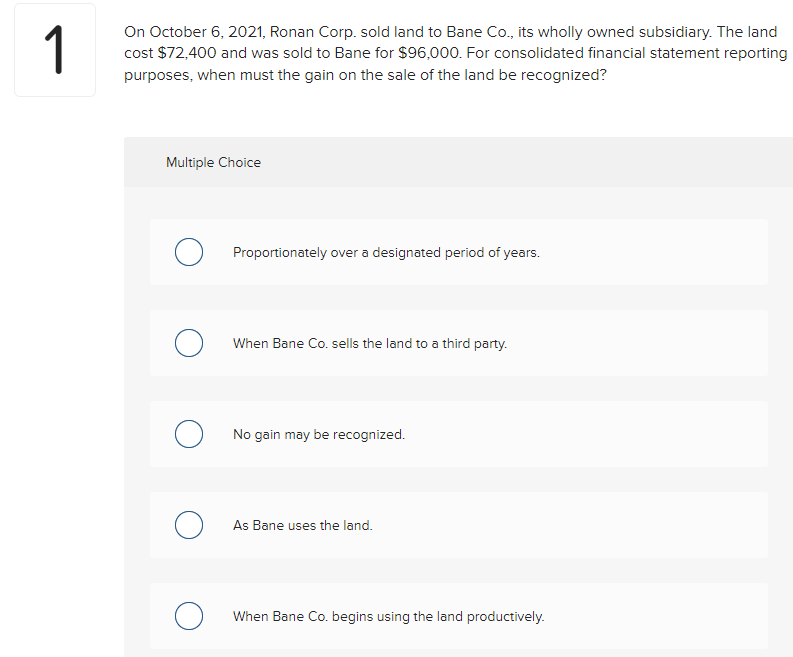 Solved On October 6, 2021, Ronan Corp. sold land to Bane | Chegg.com