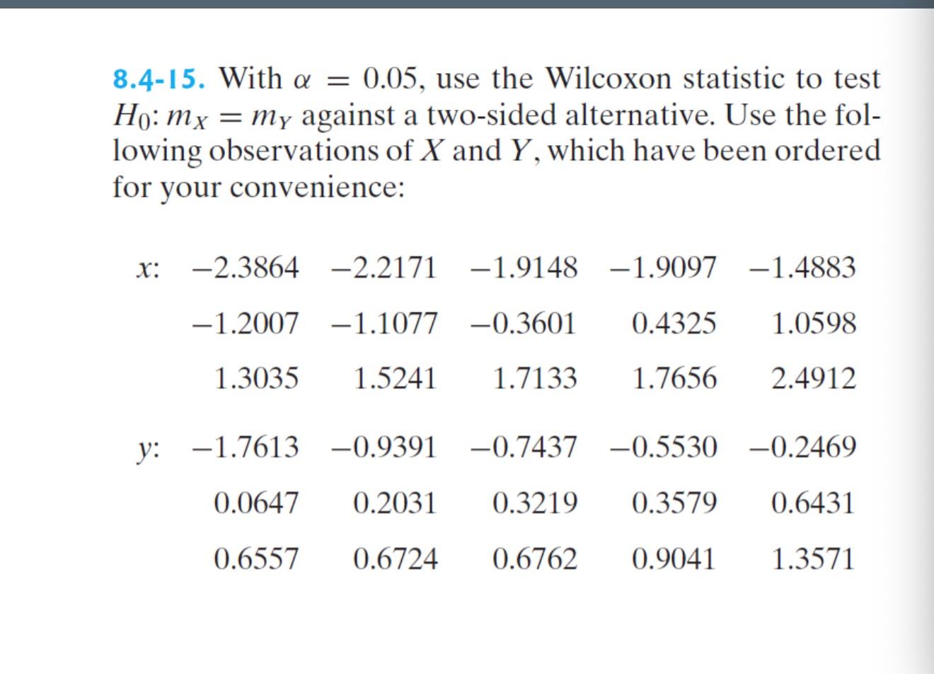 Solved 8.4-15. With a = 0.05, use the Wilcoxon statistic to | Chegg.com