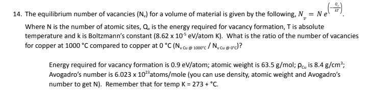 14. The equilibrium number of vacancies ( Nv) for a | Chegg.com
