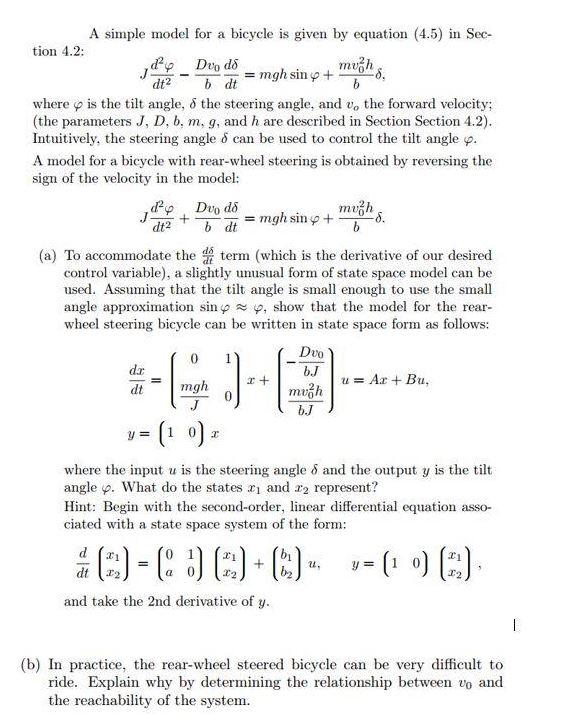 Solved A simple model for a bicycle is given by equation | Chegg.com