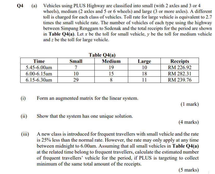 Q4 (a) Vehicles using PLUS Highway are classified | Chegg.com