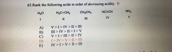 Solved 65 Rank the following acids in order of decreasing | Chegg.com