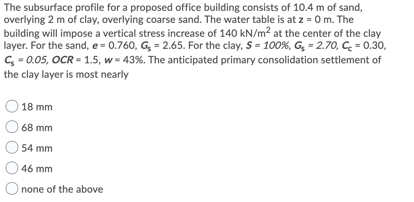 Solved The subsurface profile for a proposed office building | Chegg.com