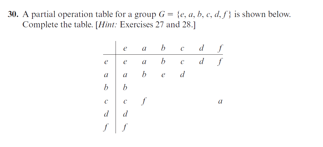 Solved 30. A partial operation table for a group G = {e, a, | Chegg.com