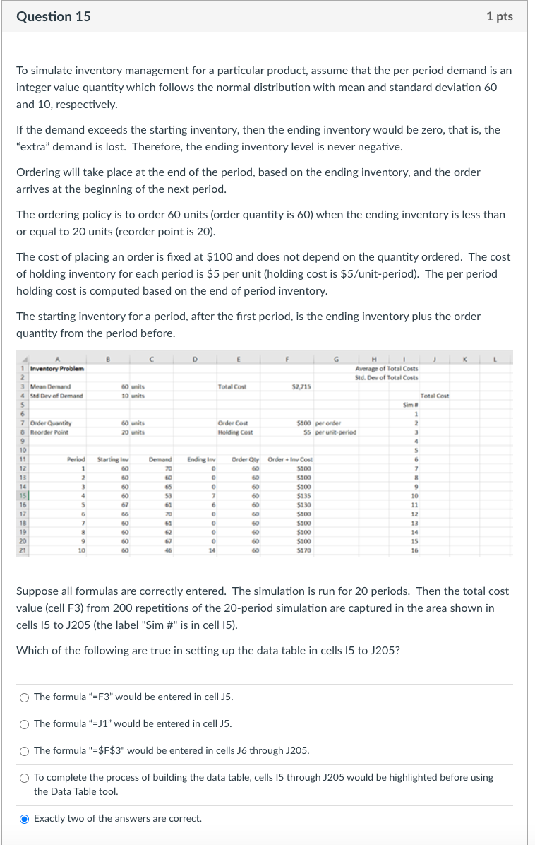 Solved Question 9 1 pts To simulate inventory management for | Chegg.com
