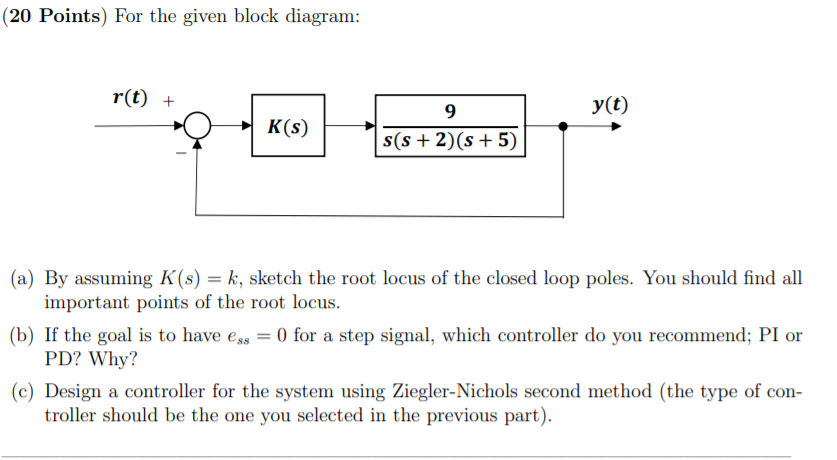 Solved (20 Points) For the given block diagram: r(t) y(t) | Chegg.com