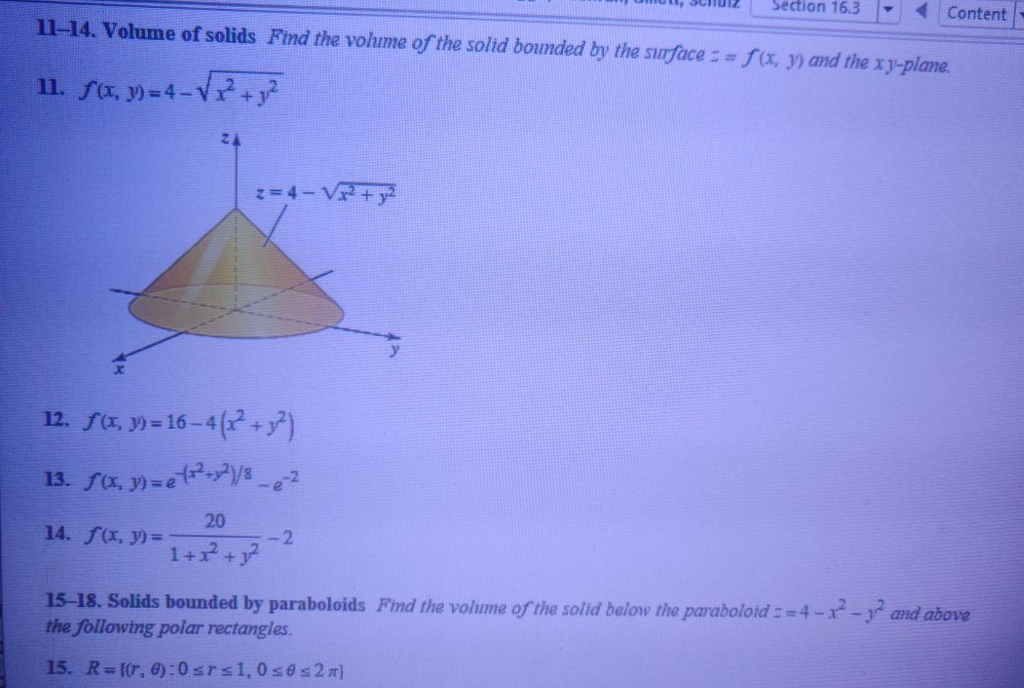 Solved Section 16.3 Content 11-14. Volume of solids Find the | Chegg.com