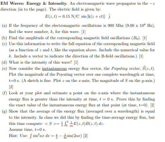 Solved у E -2 Z- EM Waves: Energy & Intensity. An | Chegg.com