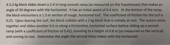 Solved A 5.2 kg block slides down a 2.4 m long smooth ramp | Chegg.com