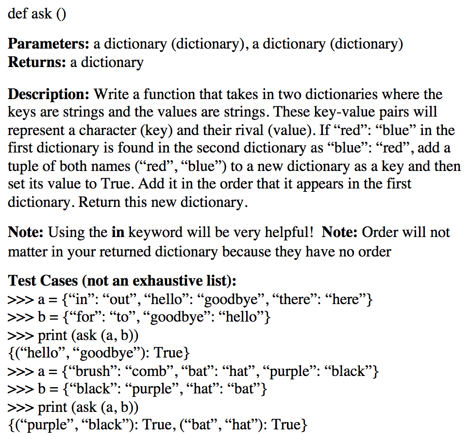 Solved Def Ask Parameters A Dictionary Dictionary A