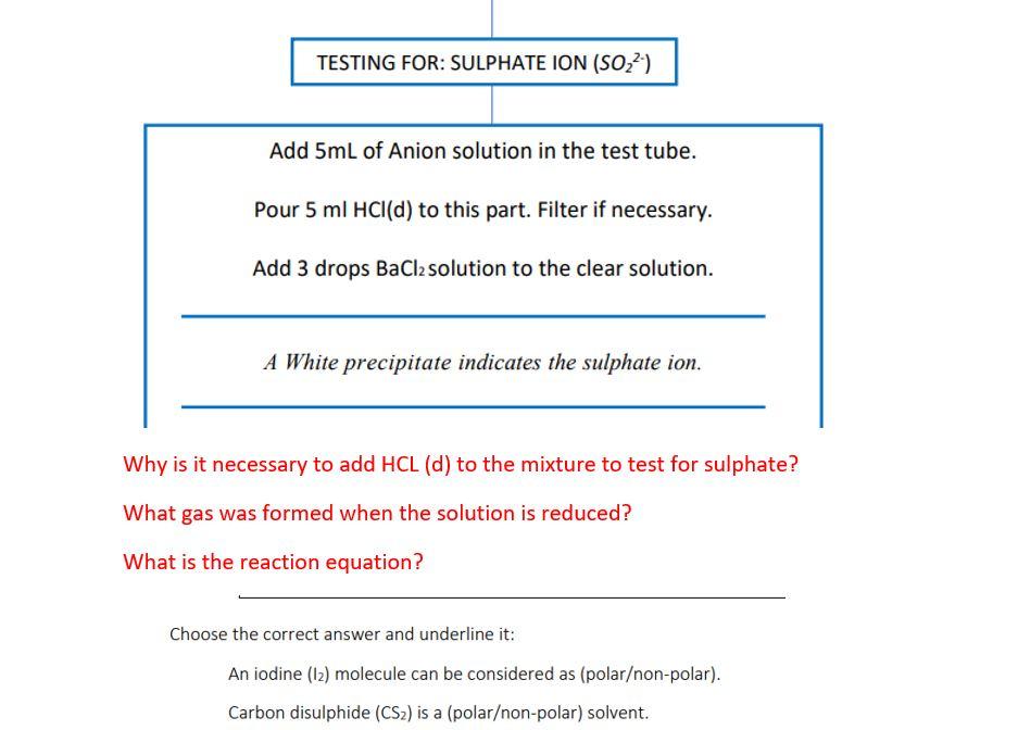 Solved TESTING FOR: SULPHATE ION (SO22) Add 5mL of Anion | Chegg.com