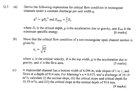 Solved Q.3 (a) Derive the following expressions for critical | Chegg.com