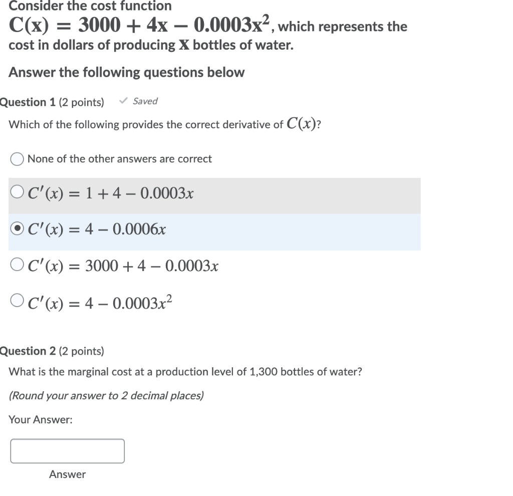Solved Consider the cost function C(x) = 3000 + 4x – | Chegg.com