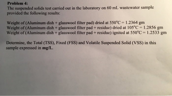 Solved Problem 4: The suspended solids test carried out in | Chegg.com
