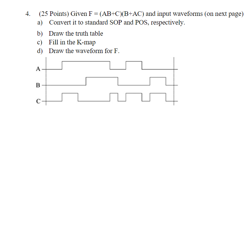 Solved 4. (25 Points) Given F=(AB+C)(B+AC ) and input | Chegg.com