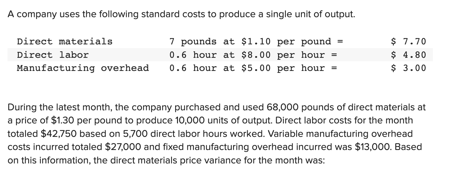 Solved A company uses the following standard costs to | Chegg.com