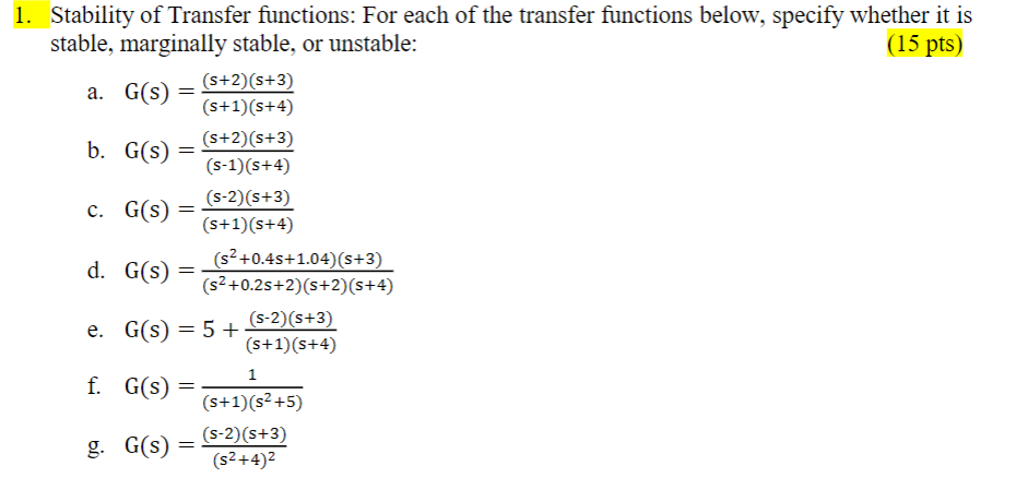 Solved 1. Stability of Transfer functions: For each of the | Chegg.com