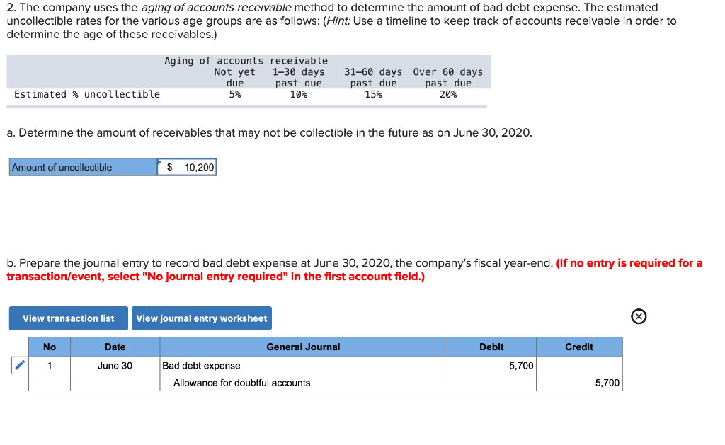Solved 2 The Company Uses The Aging Of Accounts Chegg