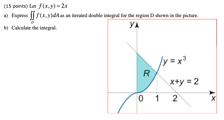 Solved (15 points) Let f(x,y)=2x a) Express ∬Df(x,y)dA as an | Chegg.com
