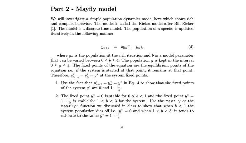 Solved Part 2 - Mayfly model We will investigate a simple | Chegg.com