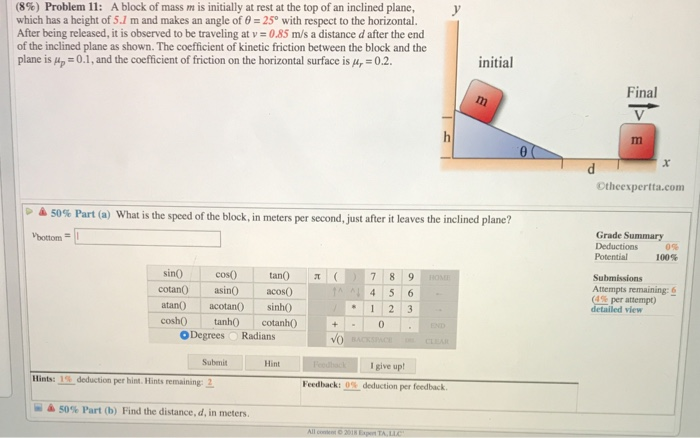 Solved (8%) Problem 11 : A block of mass m is initially at | Chegg.com