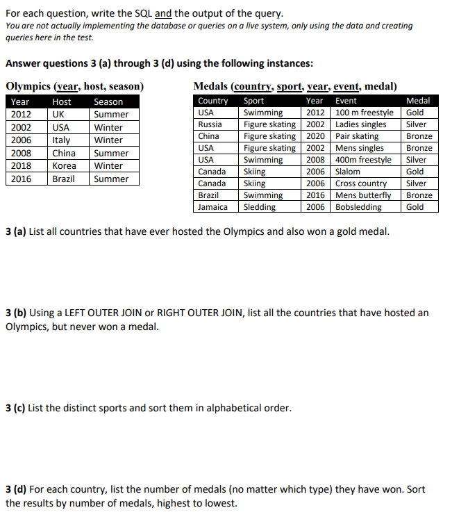 Solved For each question, write the SQL and the output of | Chegg.com