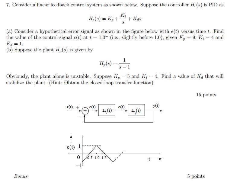 Solved 7. Consider a linear feedback control system as shown | Chegg.com
