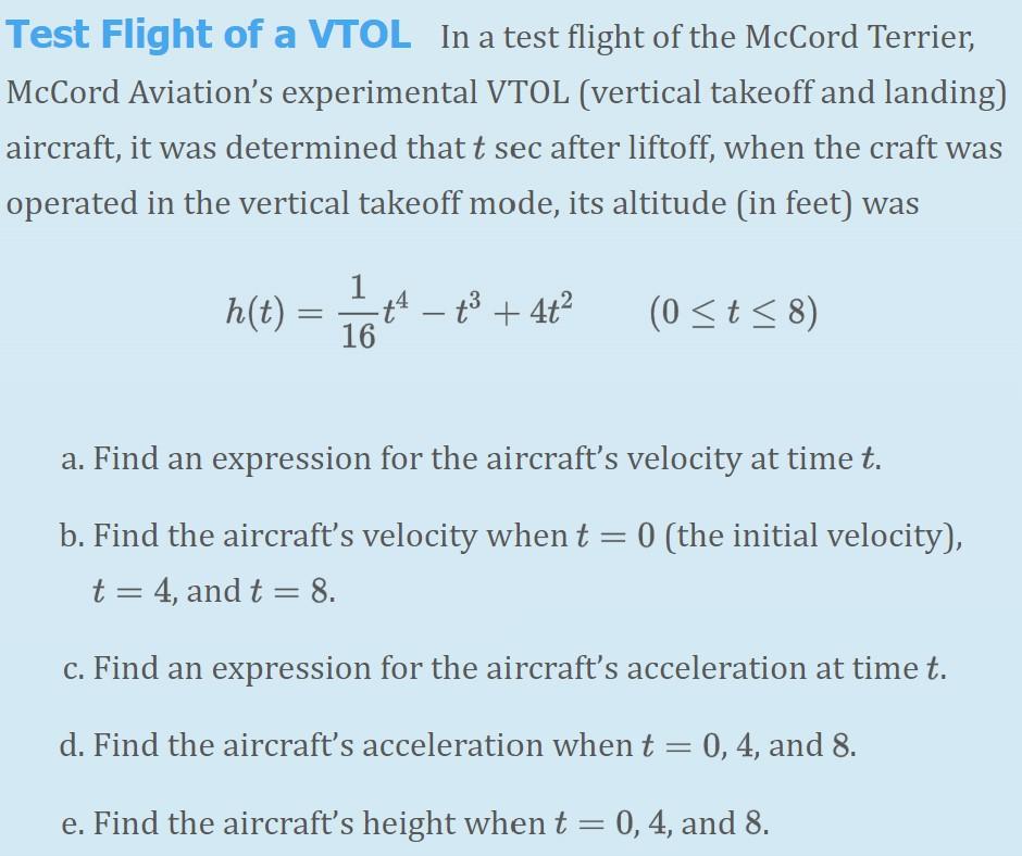 Solved Test Flight of a VTOL In a test flight of the McCord | Chegg.com